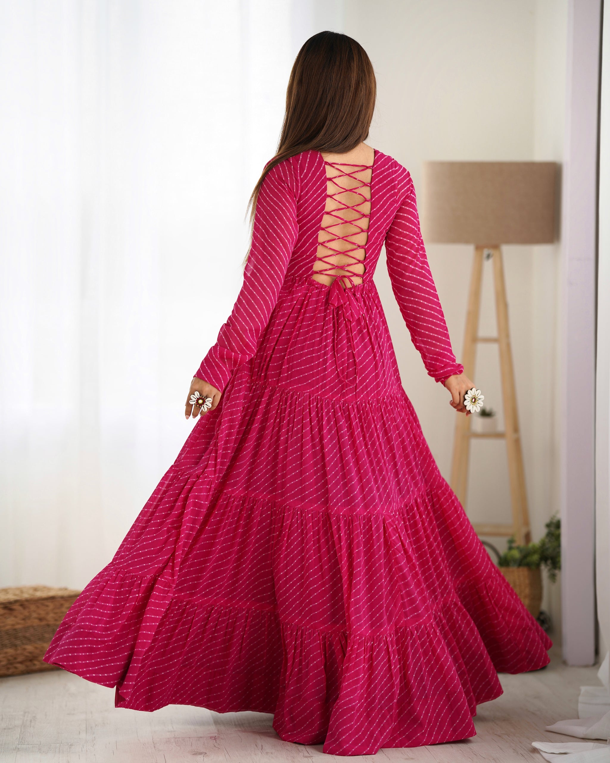 Pink Color Lehariya Print Gamthi Work Dress - Navratri Collections 202
