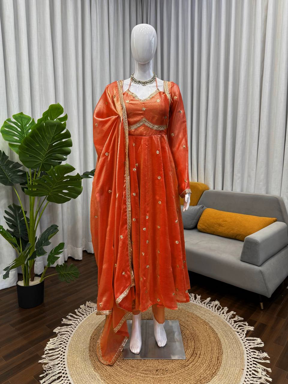 Rust Color Fendy Silk Anarkali Suit | Nardev Fashion