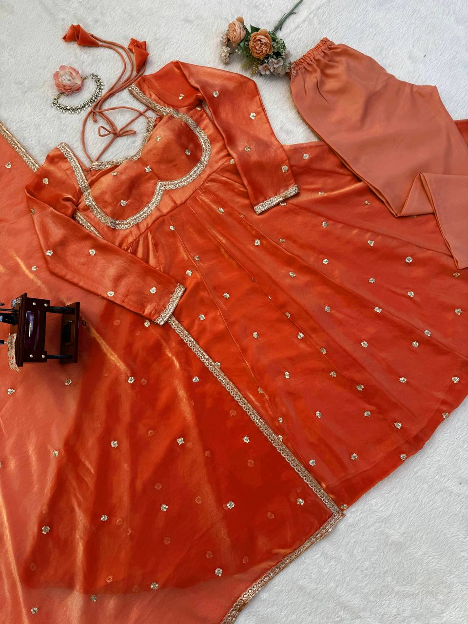 Rust Color Fendy Silk Anarkali Suit | Nardev Fashion